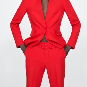 Zara | Pants & Jumpsuits | Zara Red Ruffled Waist Pants | Poshmark